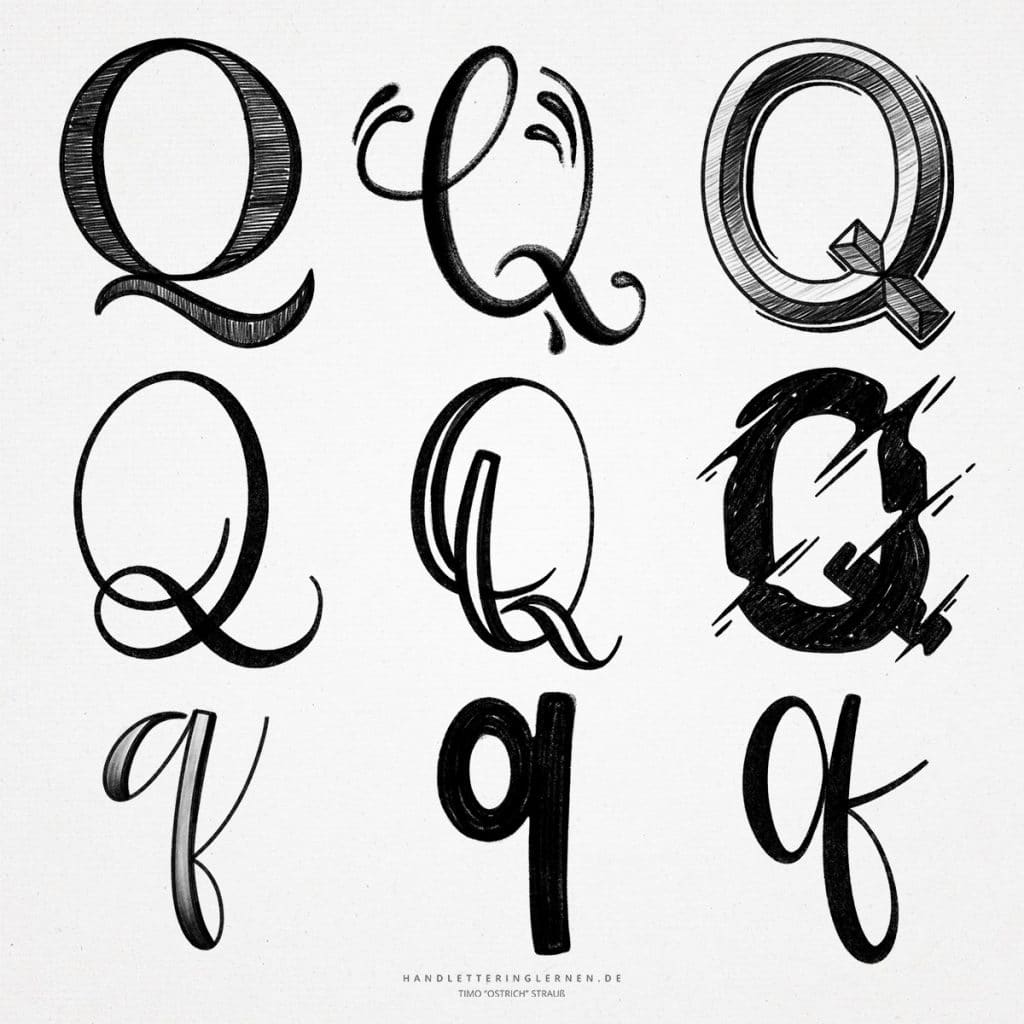 Hand lettering Q | 9 ways to draw a "Q"